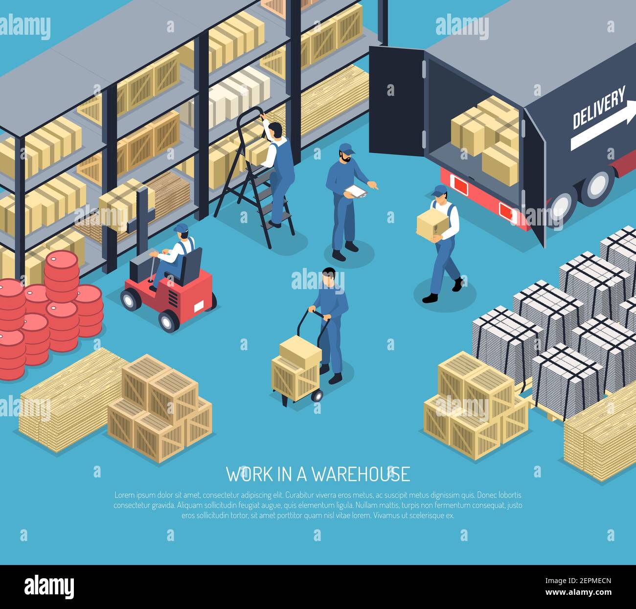Work in ware house scene with staff, shelves with packages, shipment ...