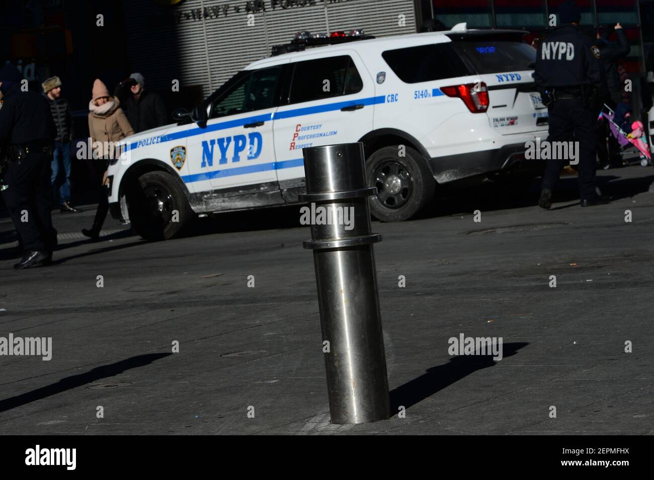 An anti-vehicle bollard in Times Square similar to the 1500 bollards to ...