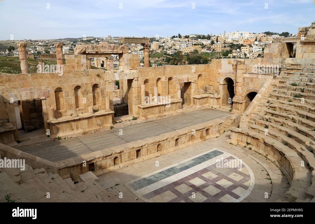 Amphitheater in Jerash (Gerasa of Antiquity), capital and largest city ...