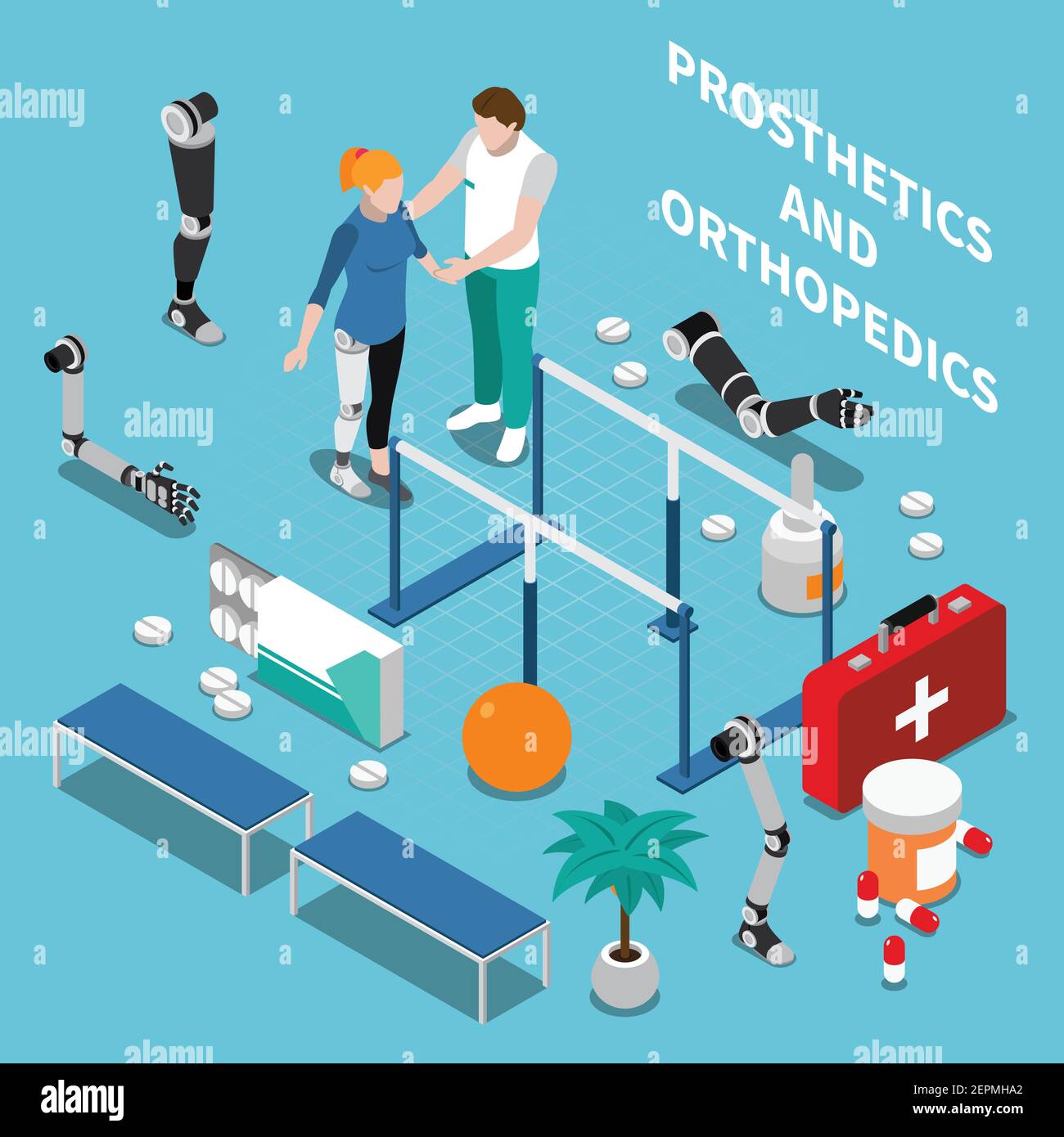 Prosthetics and orthopedics composition with medicine symbols on blue ...