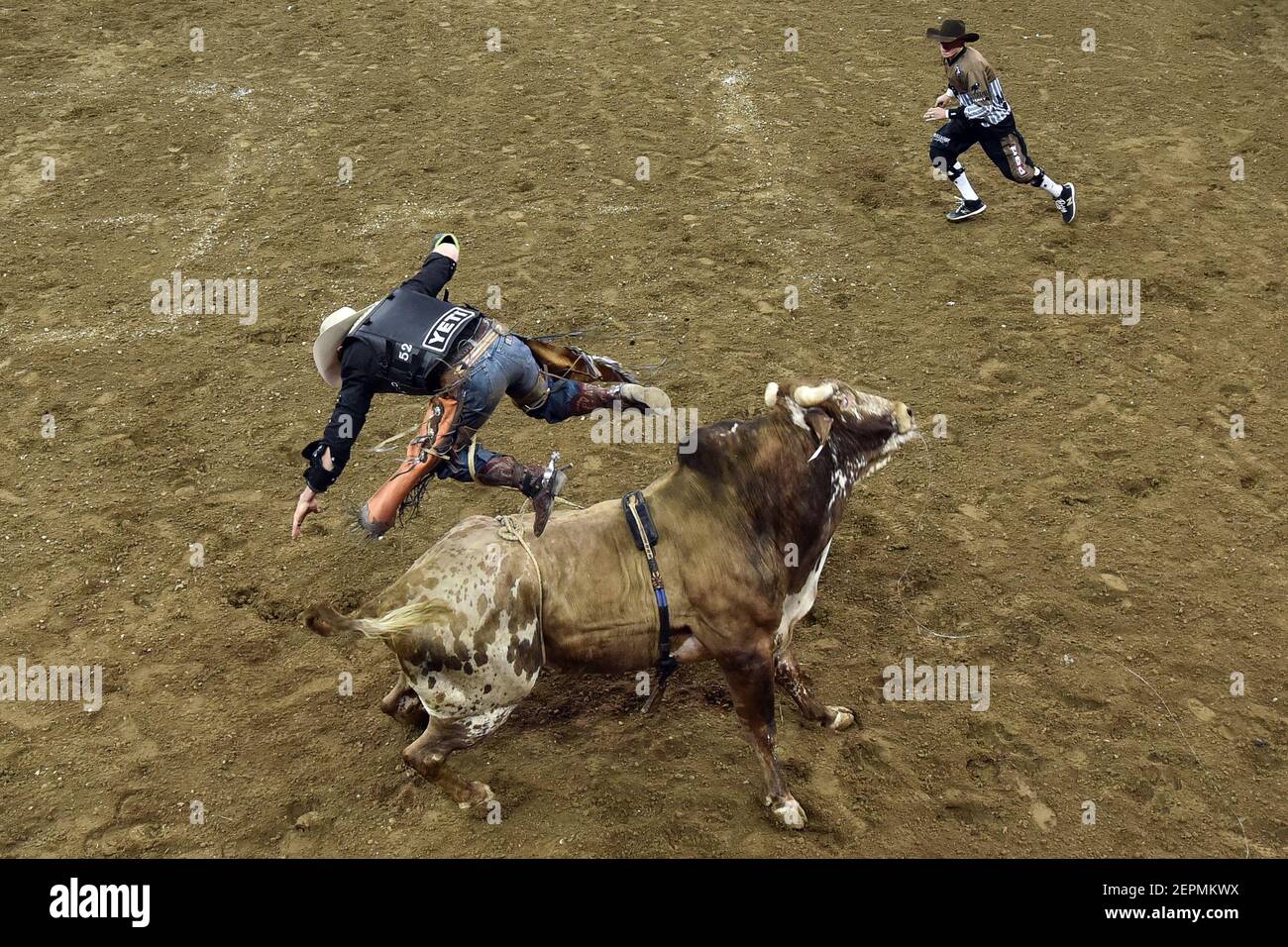 Rider Reese Cates is thrown off a bull named Inferno during the 2nd ...