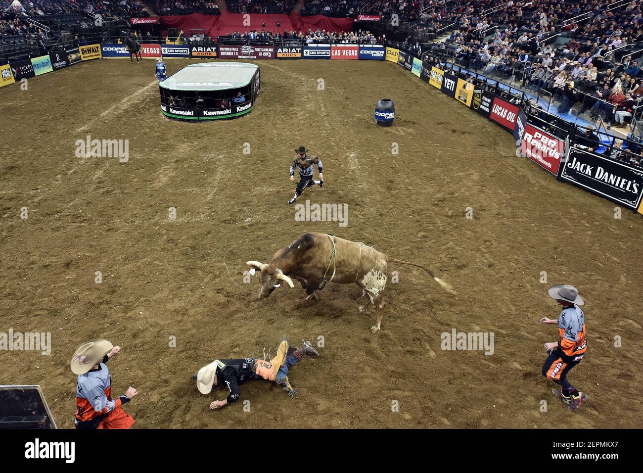 Rider Reese Cates is thrown off a bull named Inferno during the 2nd ...