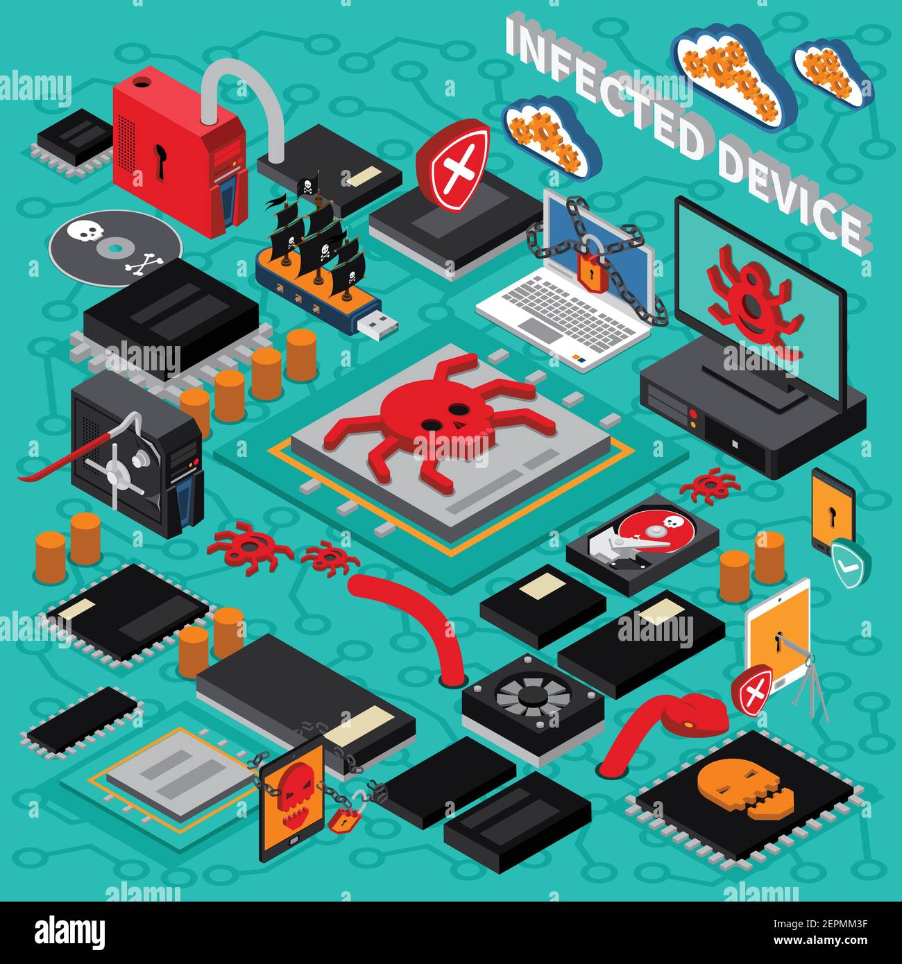 Infected device isometric composition with cyber security symbols on ...