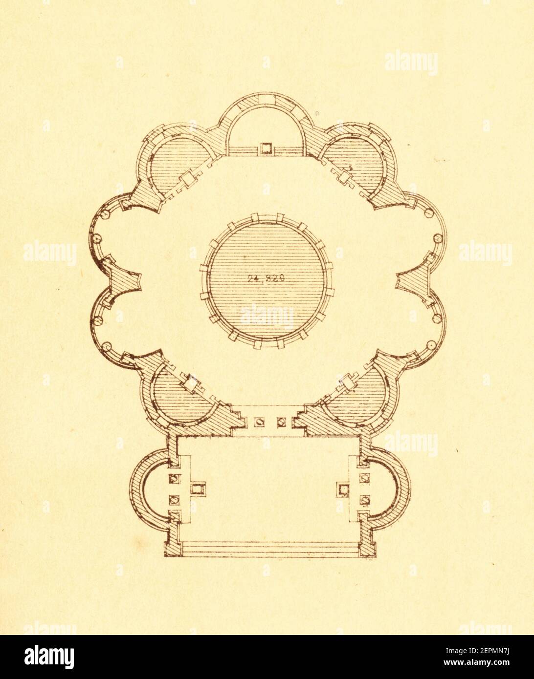 Antique illustration depicting the floor plan of the Temple of Minerva ...