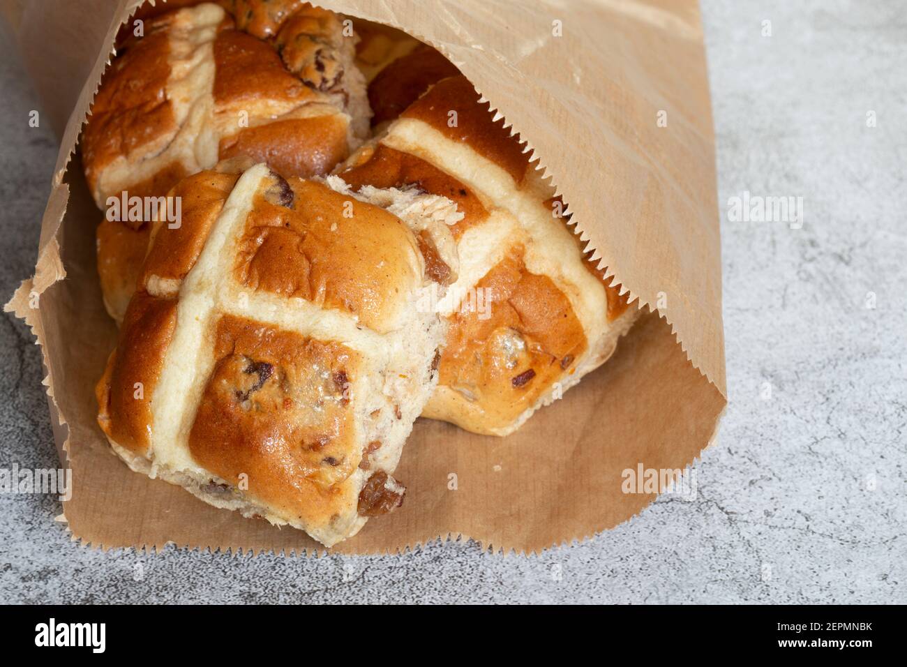 Hot cross buns in a brown paper bag. Recycling environmentally friendly ...