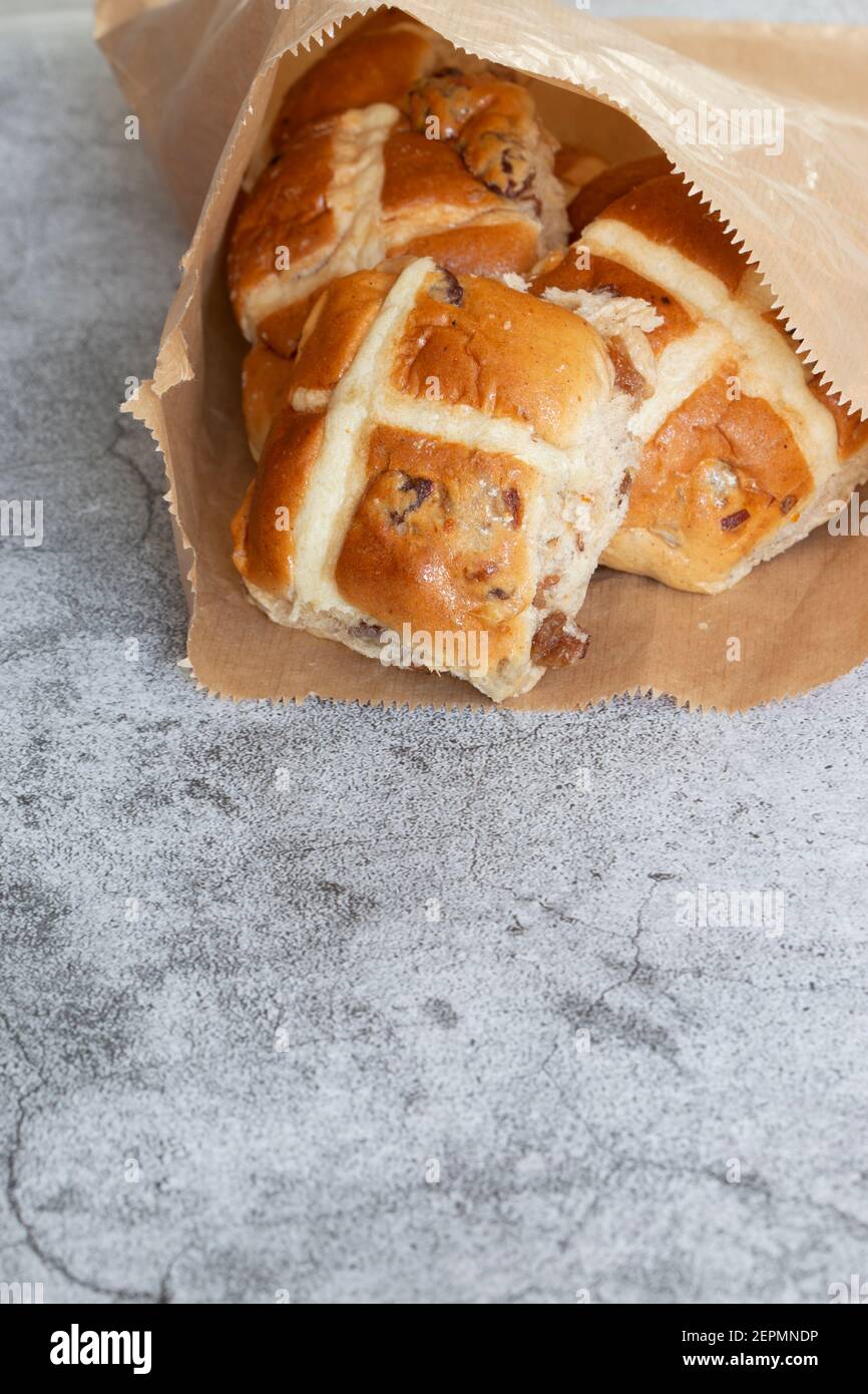 Hot cross buns in a brown paper bag. Recycling environmentally friendly ...