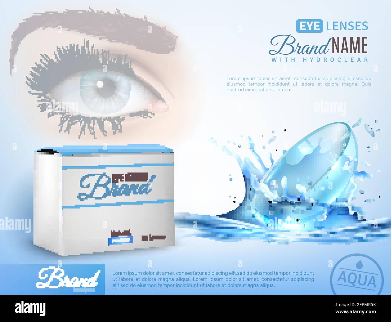 Contact lenses in water splashes, eye, realistic ad poster with brand ...