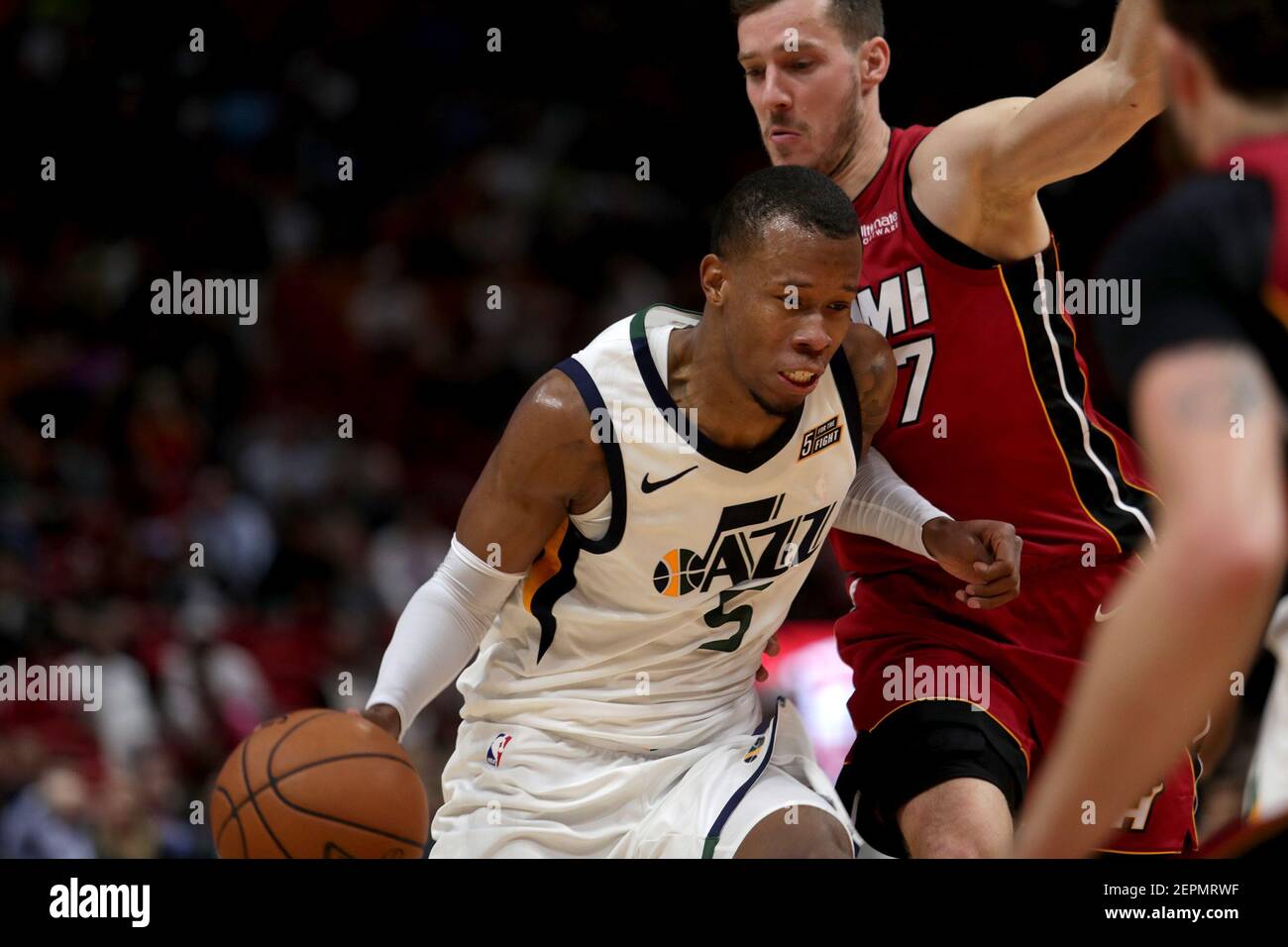 Utah Jazz forward Rodney Hood tries to muscle his way past Miami Heat ...