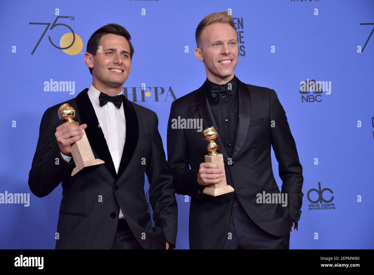 Benj Pasek and Justin Paul at the 75th Golden Globe Awards Press Room ...