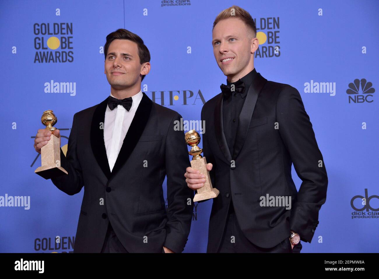 Benj Pasek and Justin Paul at the 75th Golden Globe Awards Press Room ...