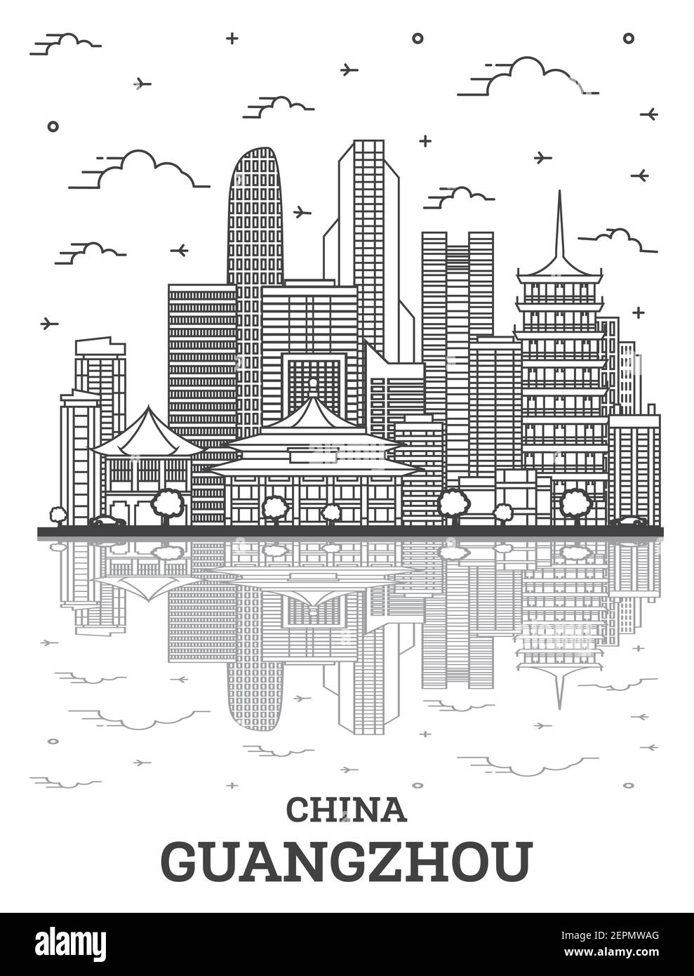 Outline Guangzhou China City Skyline with Modern Buildings and ...