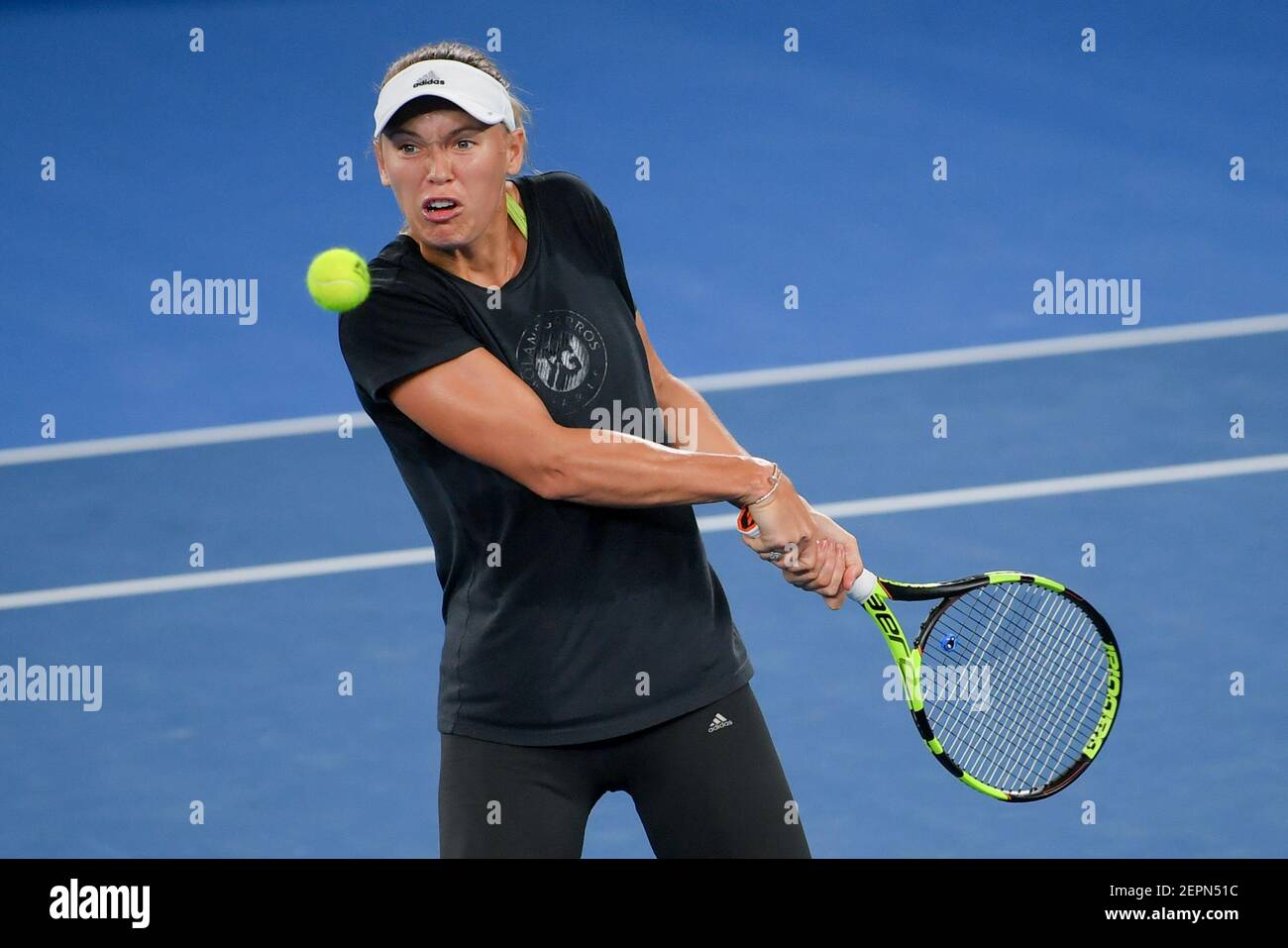January 12, 2018: Second seed Caroline Wozniacki from Denmark practises ...