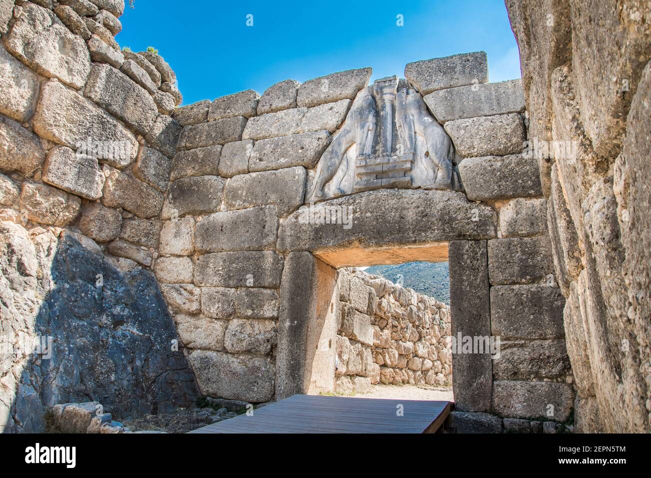 Lion's gate, the main entrance of the citadel of Mycenae. Archaeological site of Mycenae in ...