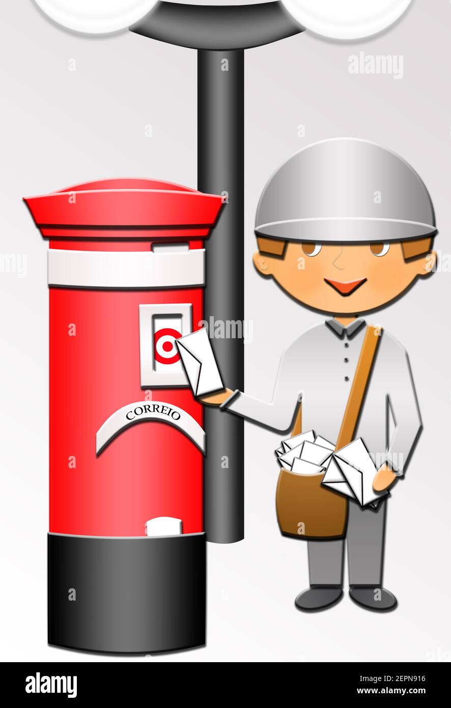 Cartoon of a cute Happy Postman, next to a post-box. This illustration ...