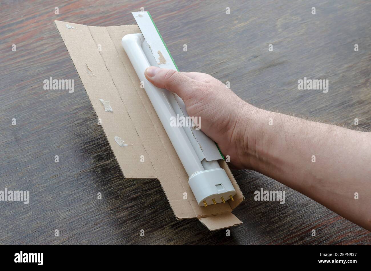 A hand takes a new compact fluorescent lamp out of the cardboard ...
