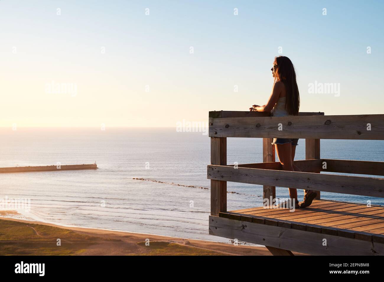 Full body side view of female tourist standing on wooden terrace and ...