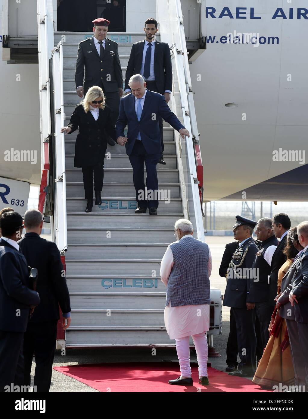 NEW DELHI, INDIA - JANUARY 14: Prime Minister Narendra Modi (R) welcomes Israeli Prime Minister ...