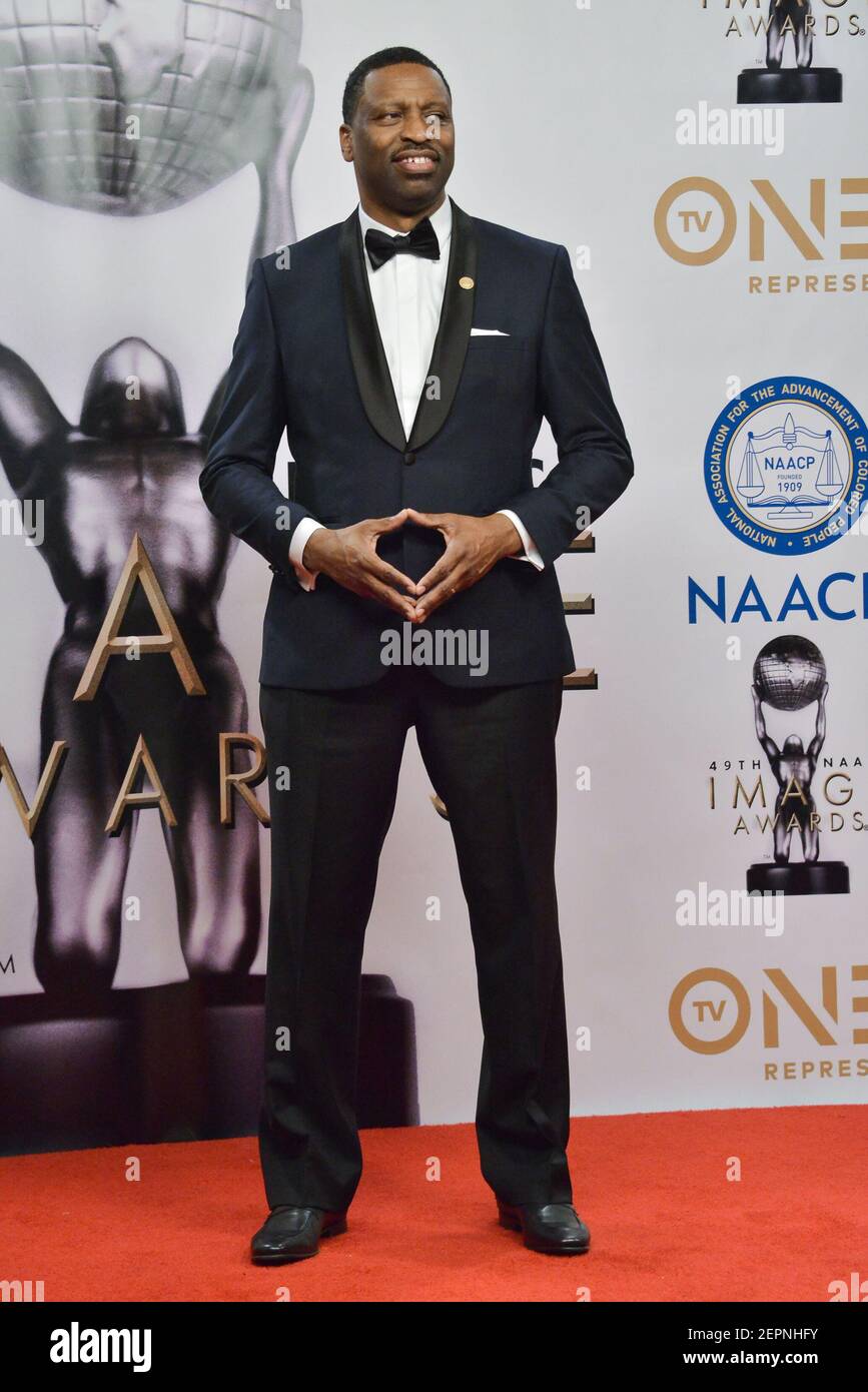 President and CEO of the NAACP Derrick Johnson poses in the press room ...