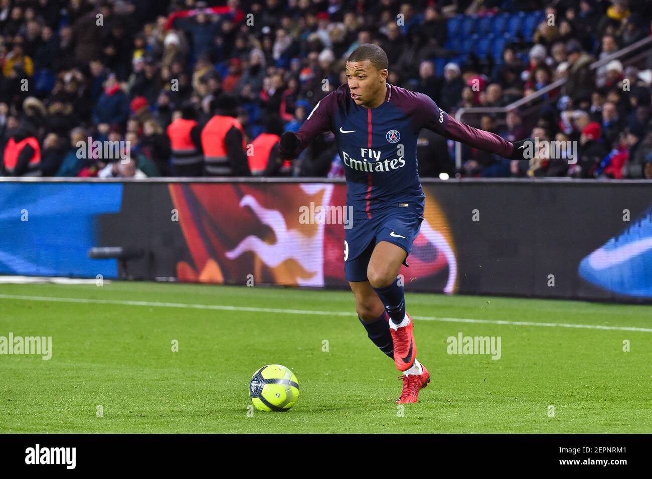 Kylian Mbappe of Paris Saint-Germain in action during the Ligue 1 match ...