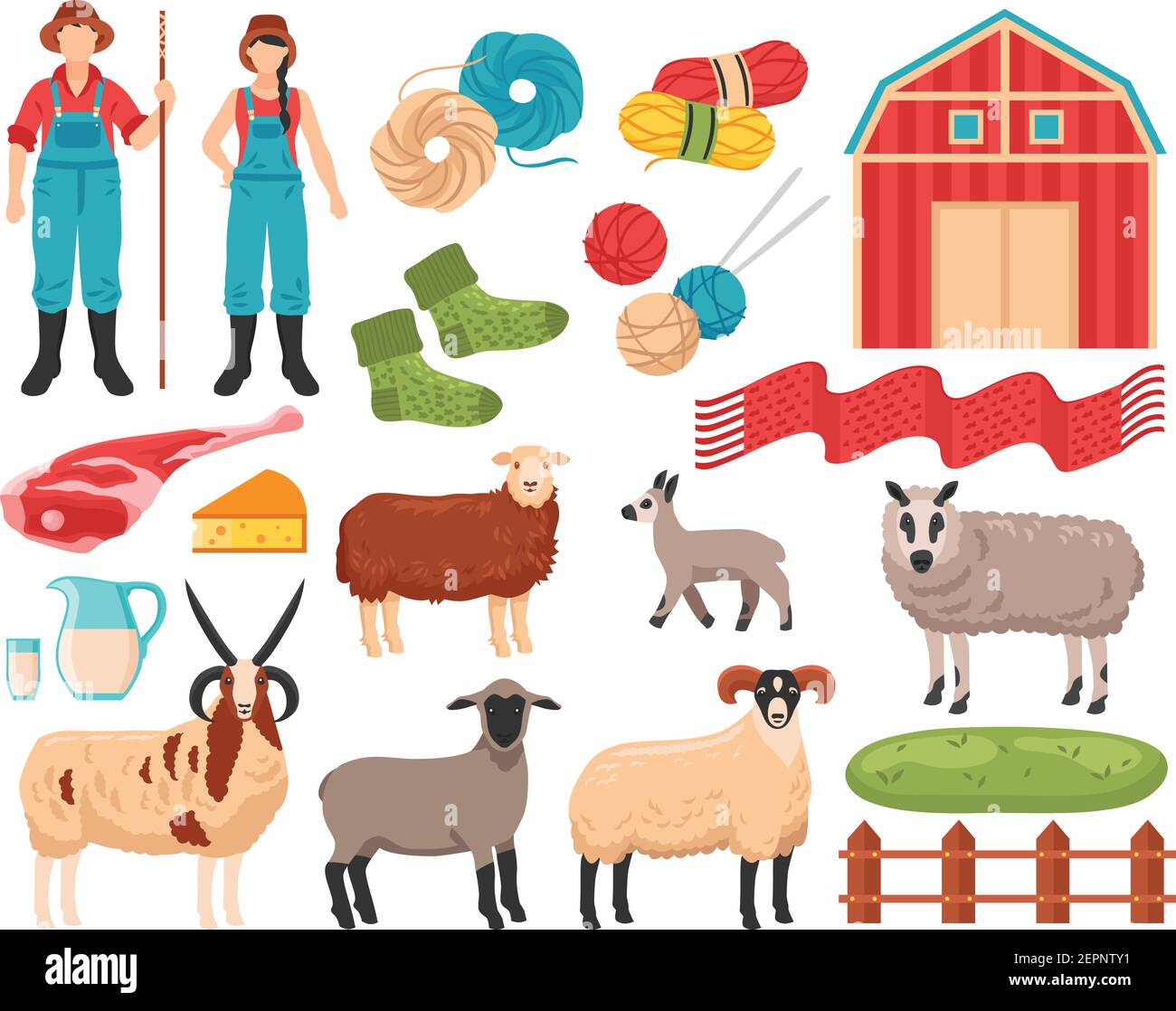 Sheep breeding products flat icons collection with farmers ewes ram ...