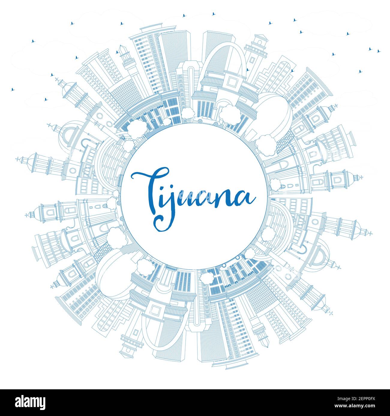 Outline Tijuana Mexico City Skyline with Blue Buildings and Copy Space ...