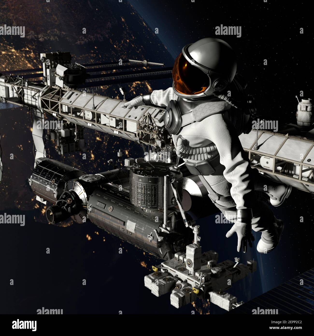 Astronaut walking in space near a space station with earth background ...