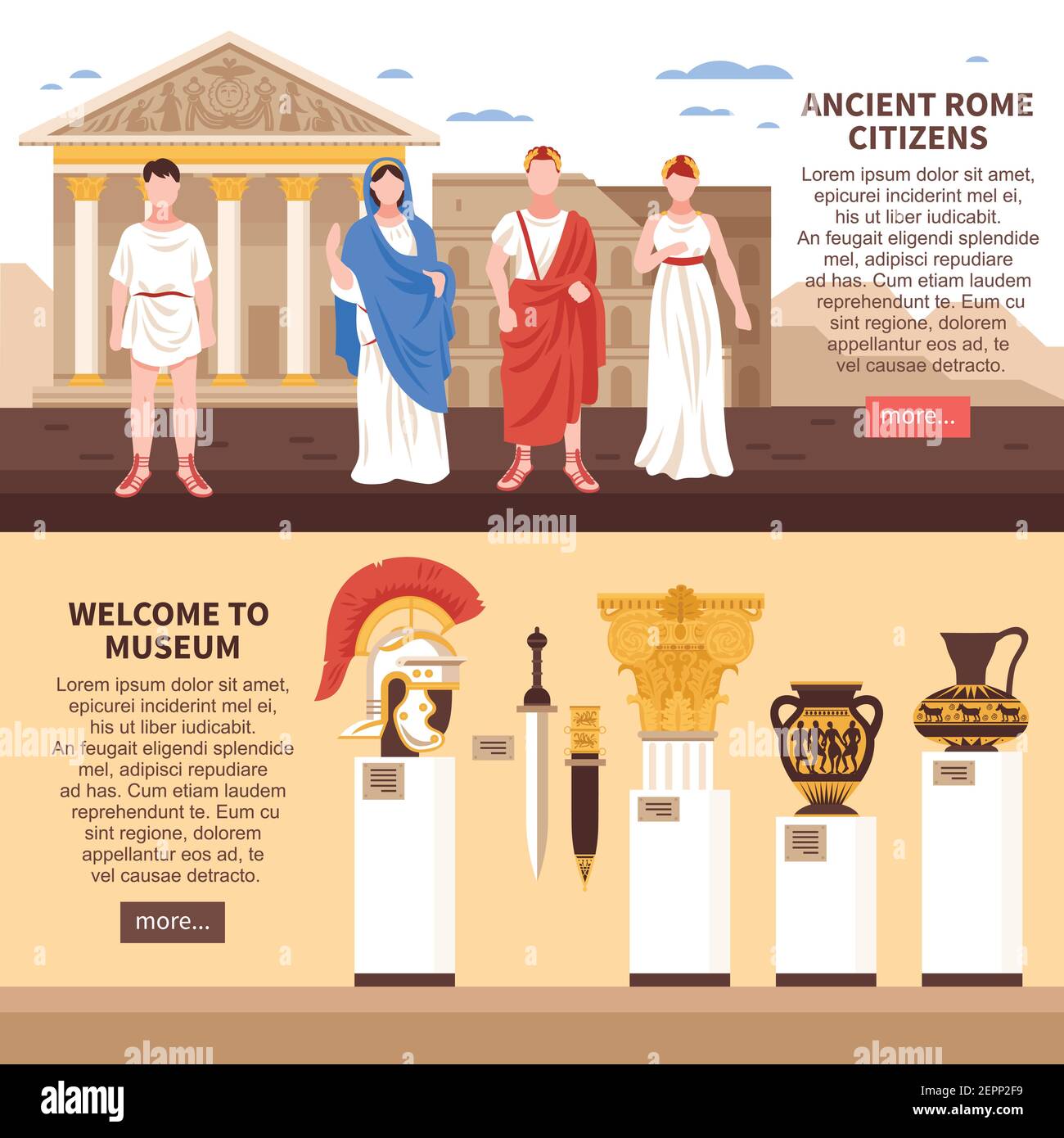 Ancient rome 2 flat horizontal banners webpage design with museum art ...