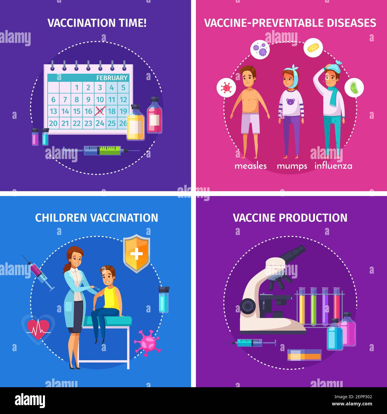 Vaccination immunity cartoon 2x2 composition design concept with doodle ...
