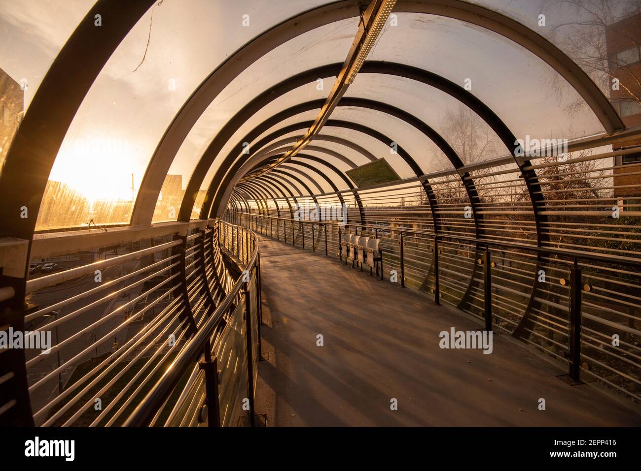 Morning light on the Sir Peter Mansfield tram bridge at the Queens ...
