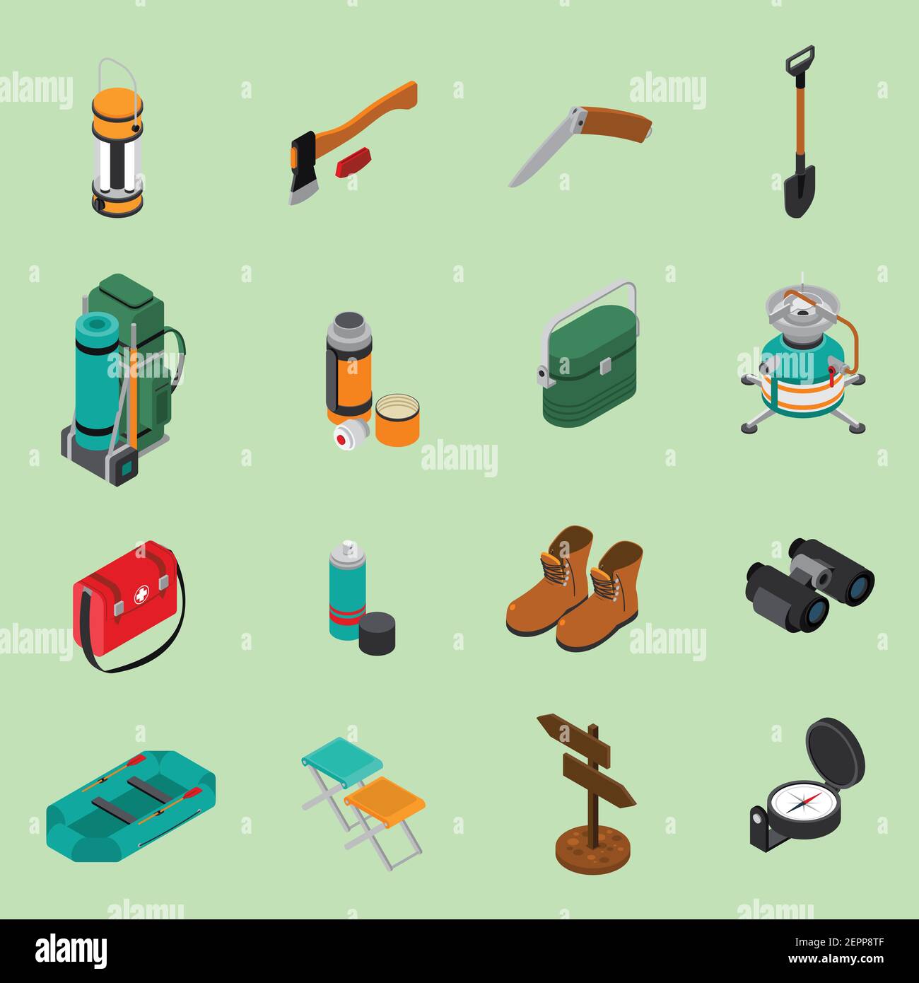 Hiking icons set with hiking equipment symbols on green background ...