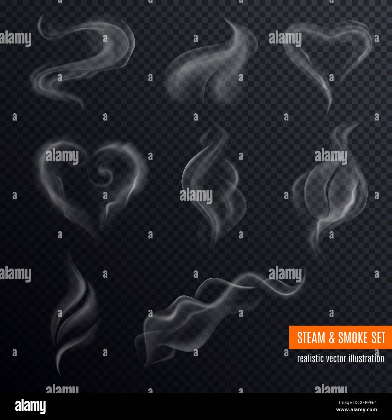 Steam smoke realistic set with hart and swirl shaped white on dark ...