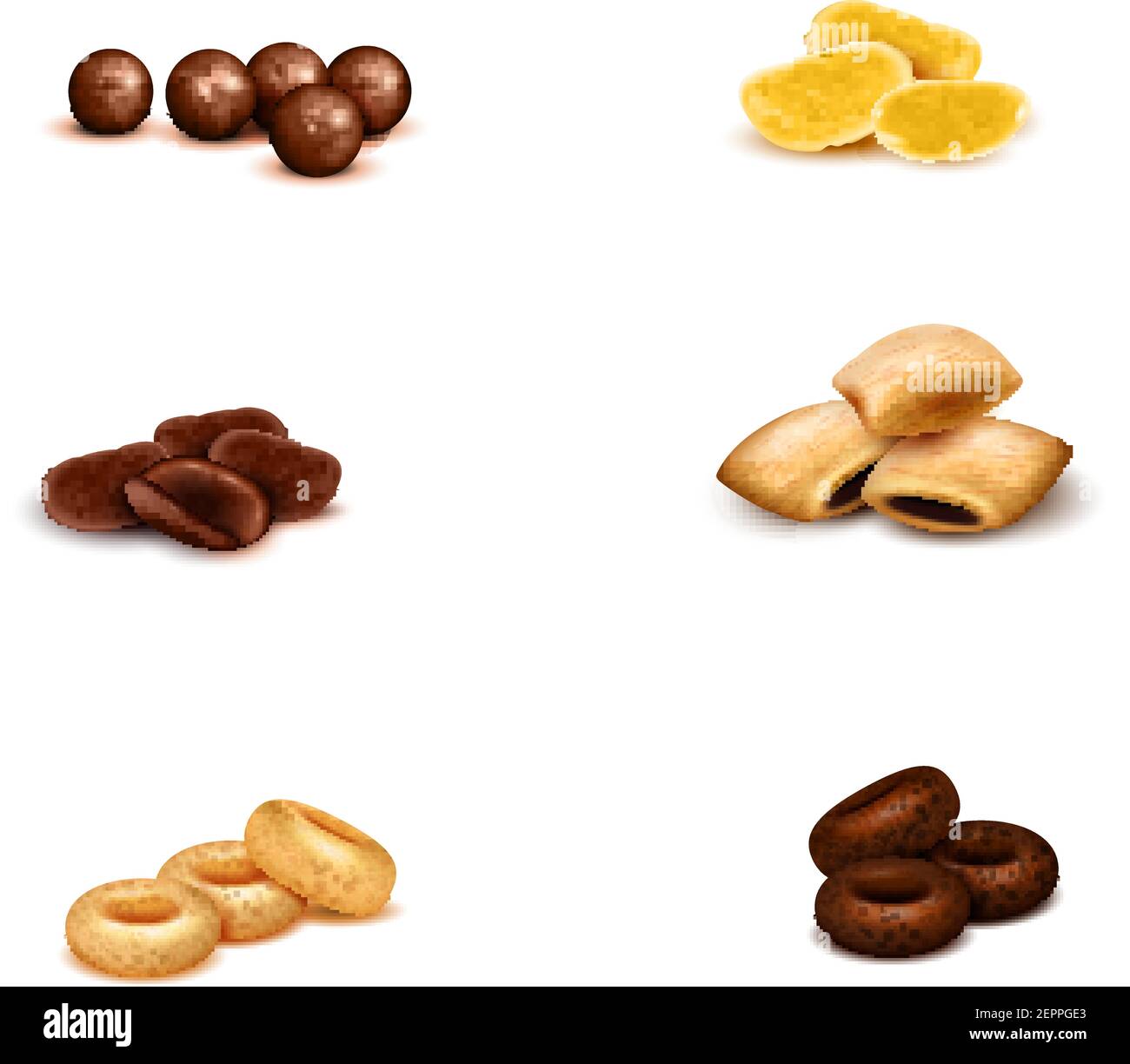 Crispy breakfast cereals of various shape and color realistic set on ...