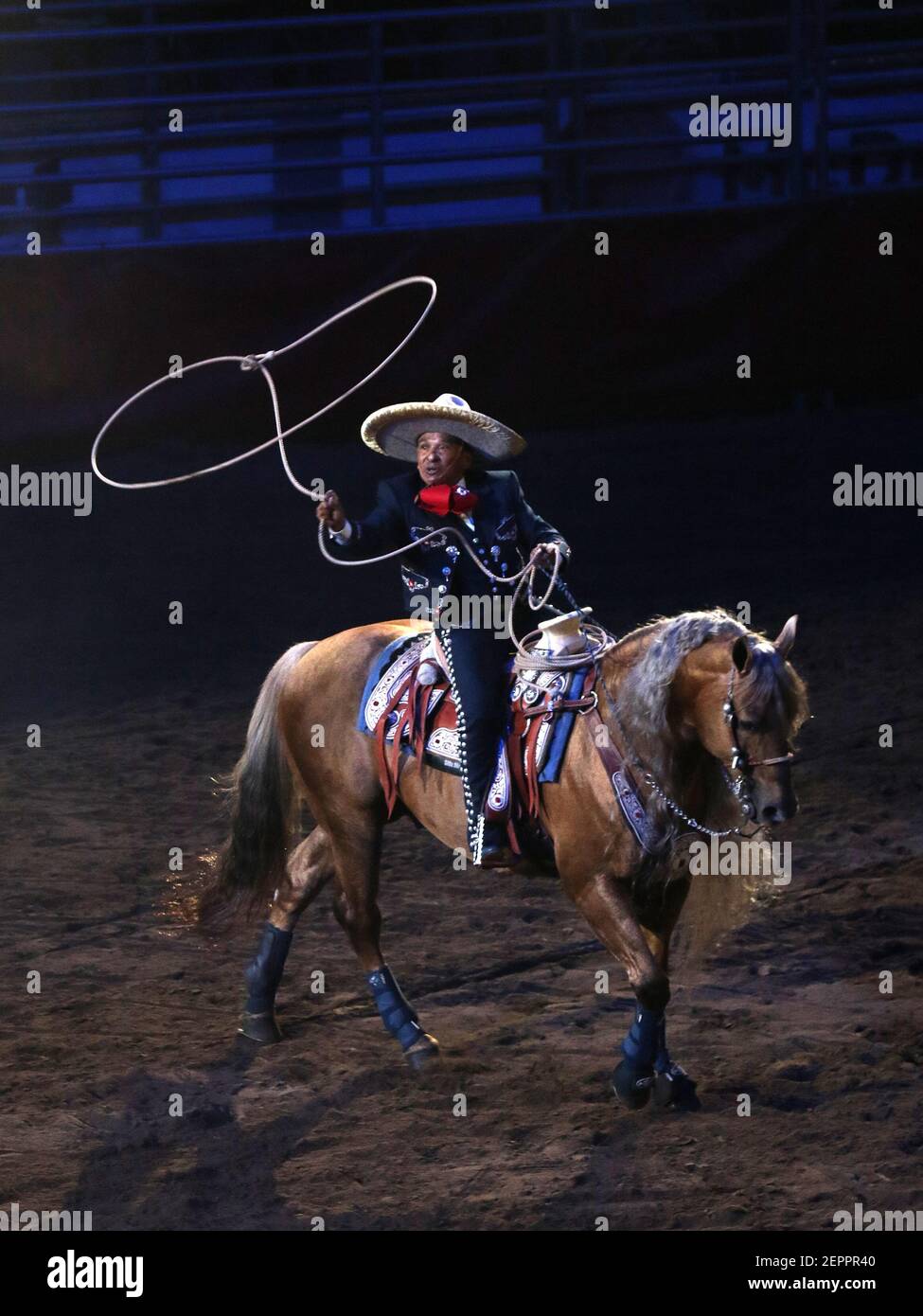 Mexican Charro and Rope Artist Tomas Garcilazo performs during Pepe ...