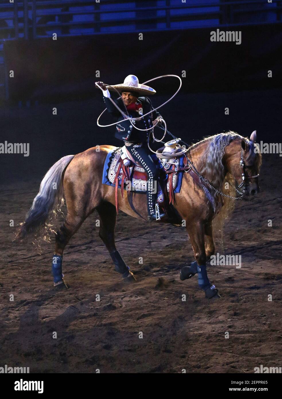 Mexican Charro and Rope Artist Tomas Garcilazo performs during Pepe ...