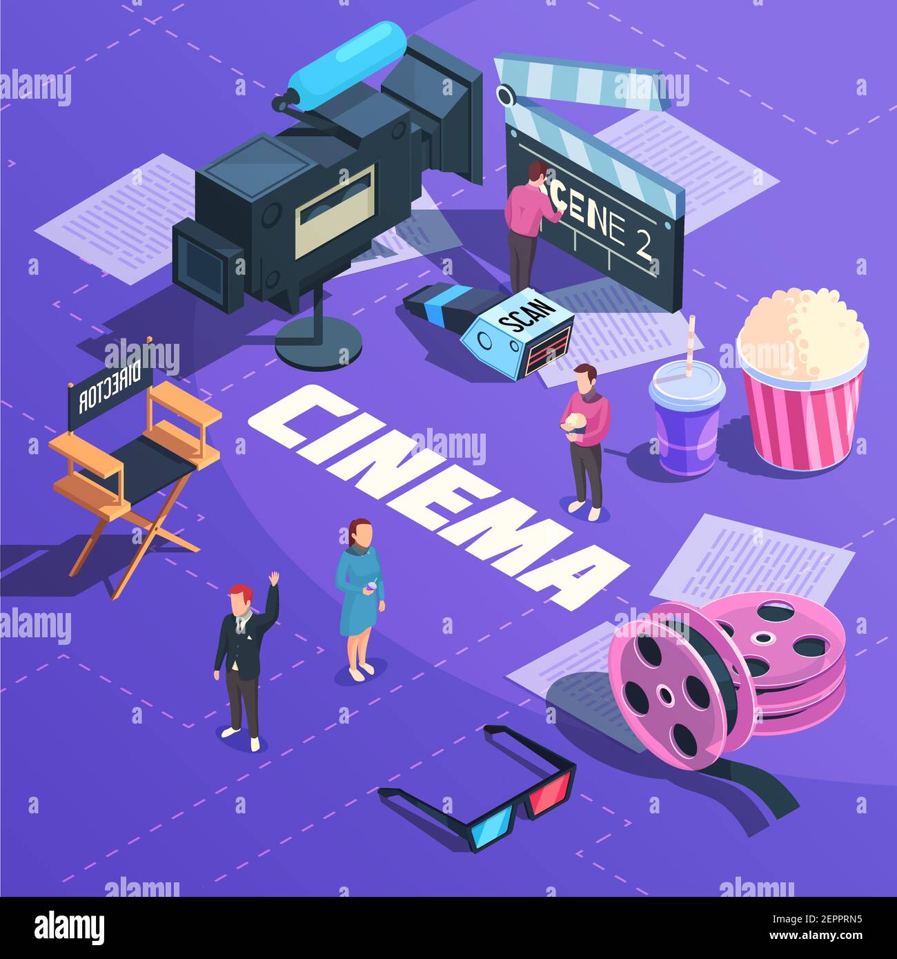 Cinema isometric composition on purple background with movie equipment ...