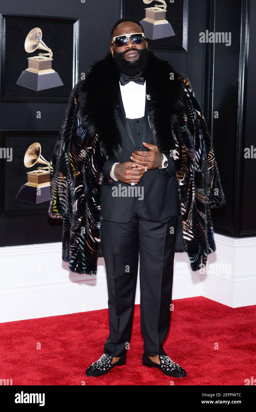 Rick Ross arrives at the 60th Annual GRAMMY Awards red carpet at ...