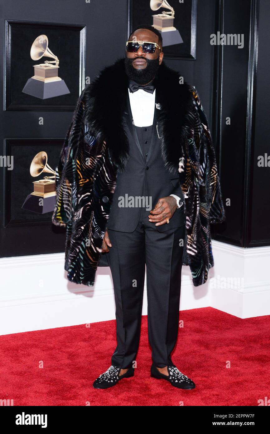 Rick Ross arrives at the 60th Annual GRAMMY Awards red carpet at ...
