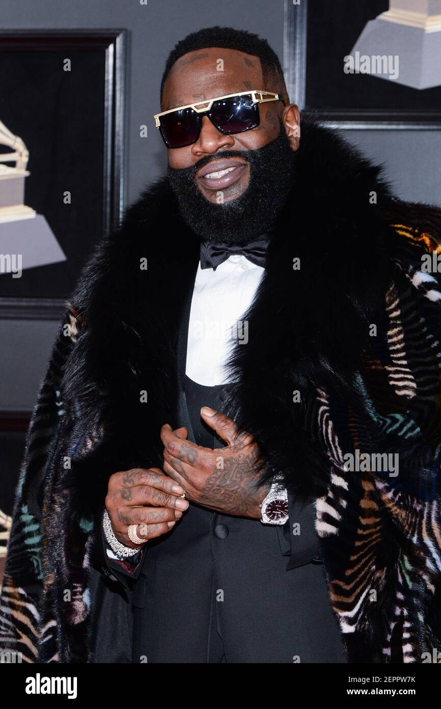 Rick Ross arrives at the 60th Annual GRAMMY Awards red carpet at ...