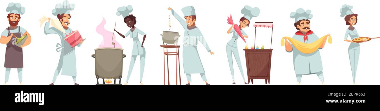 Professional cooking set of people in uniform with culinary tools ...
