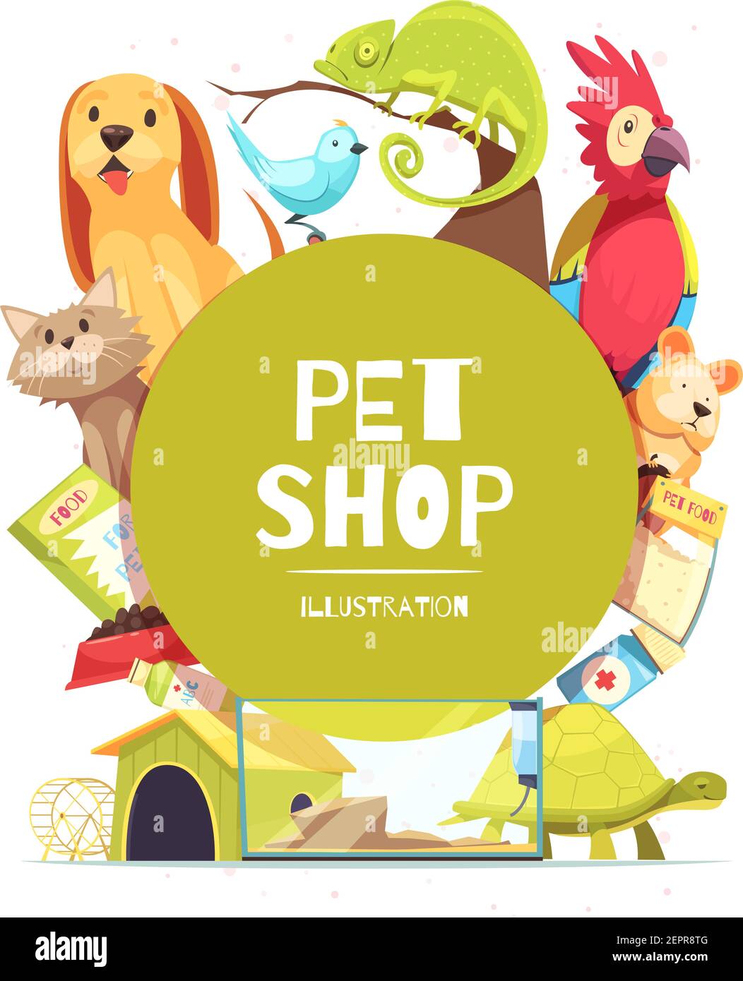 Pet shop background with green round frame, animals, food, medicines ...