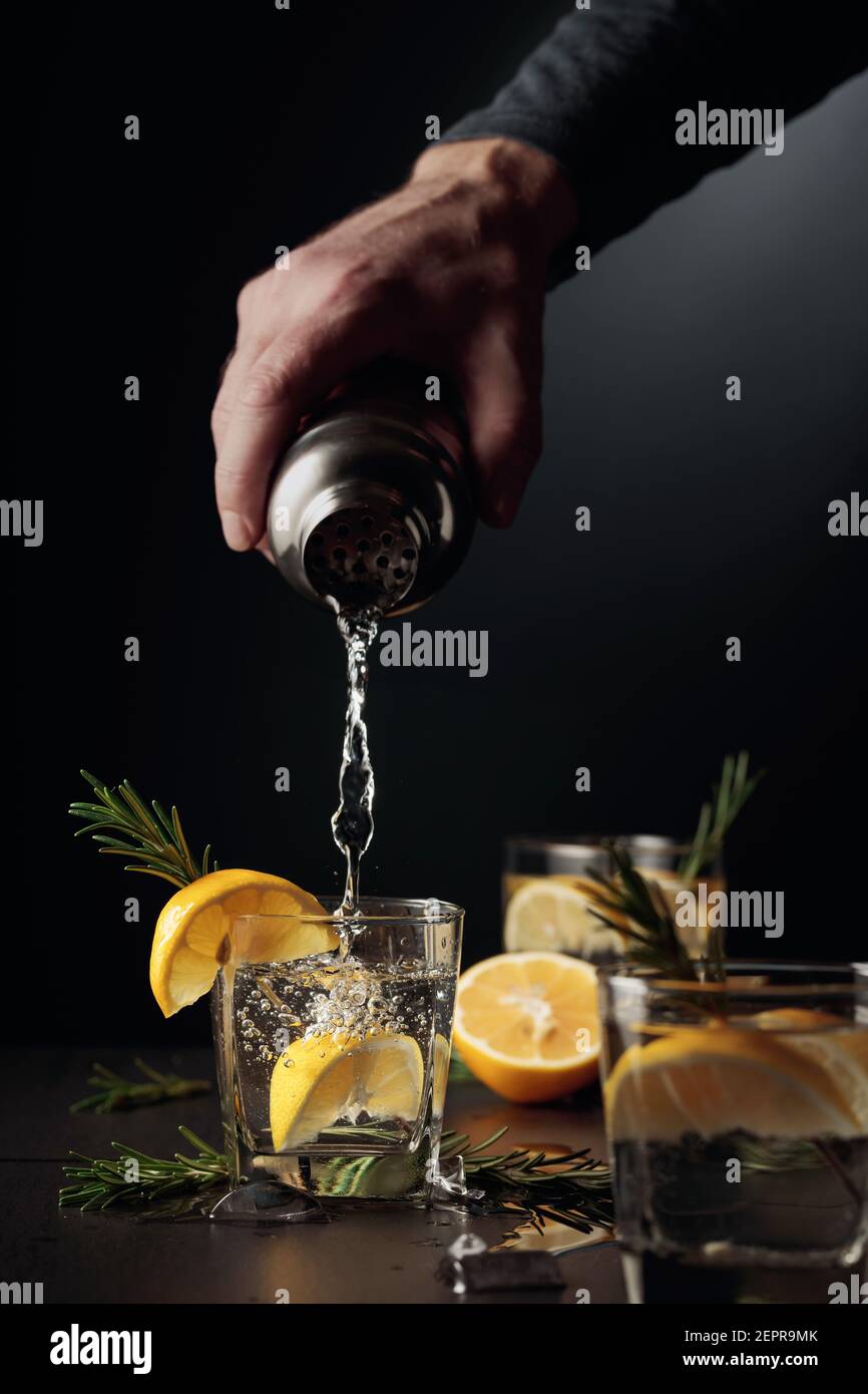 Cocktail Gin and Tonic with lemon and rosemary. The bartender pours a ...