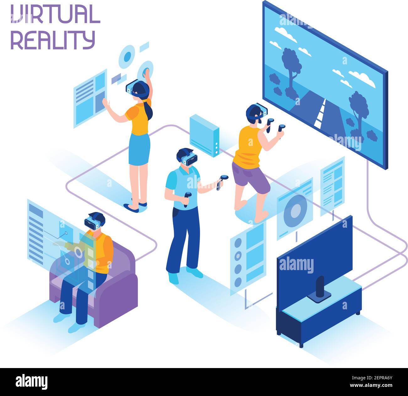 Virtual reality isometric composition with people in headsets immersing ...