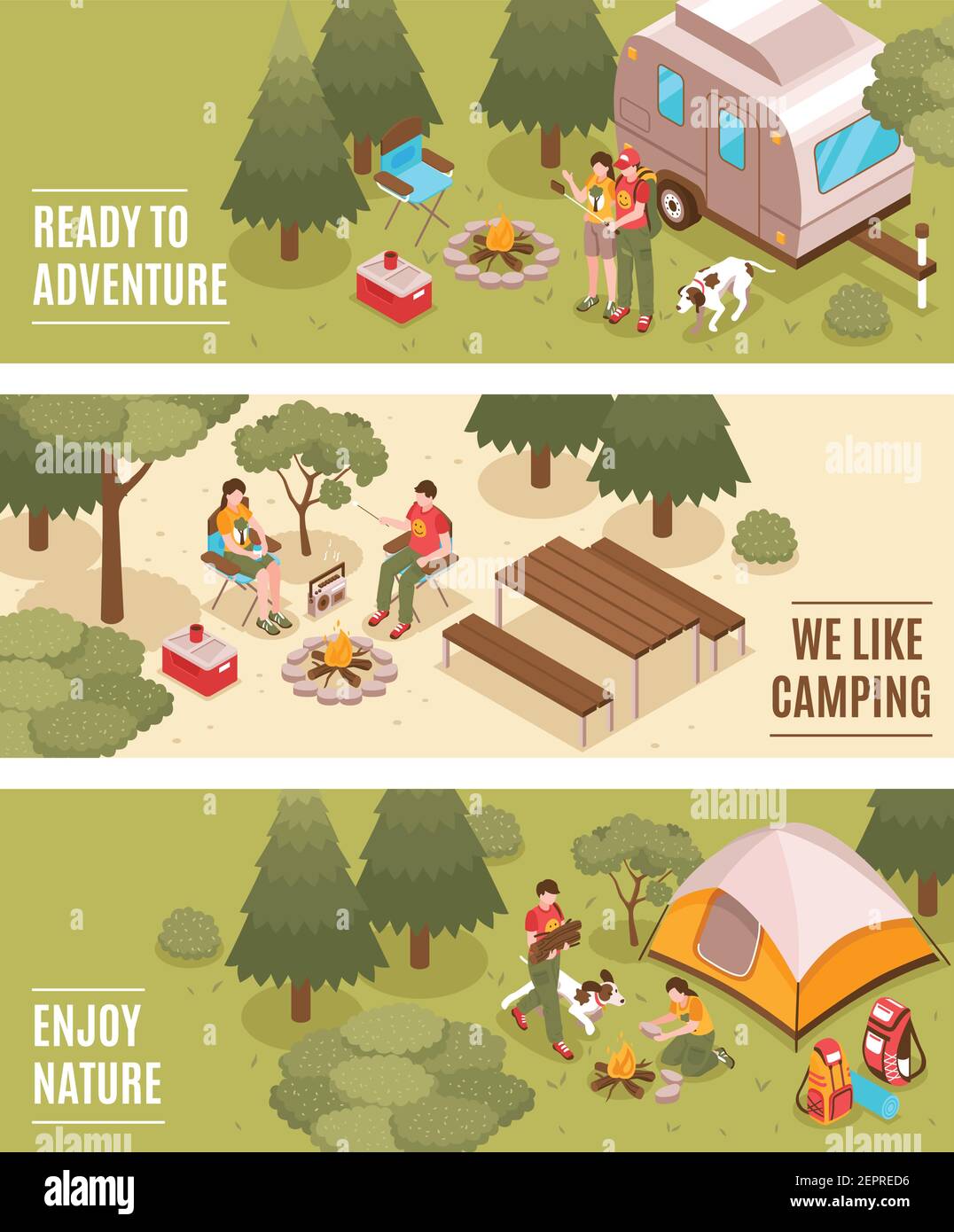 Summer camping hiking expedition 3 isometric horizontal banners with ...