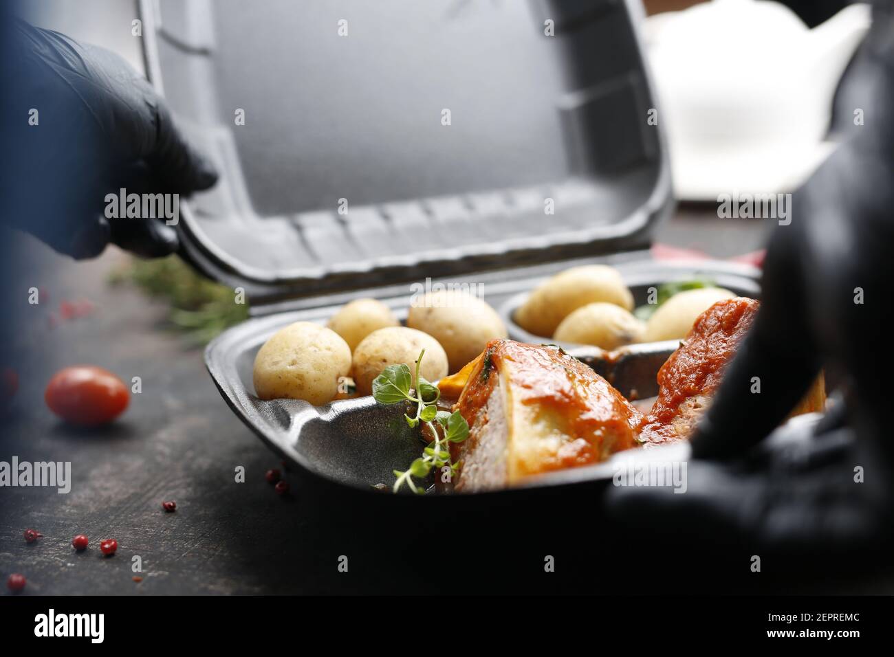 Dietary catering.Takeaway food in a box. Ready prepared meal in a box ...