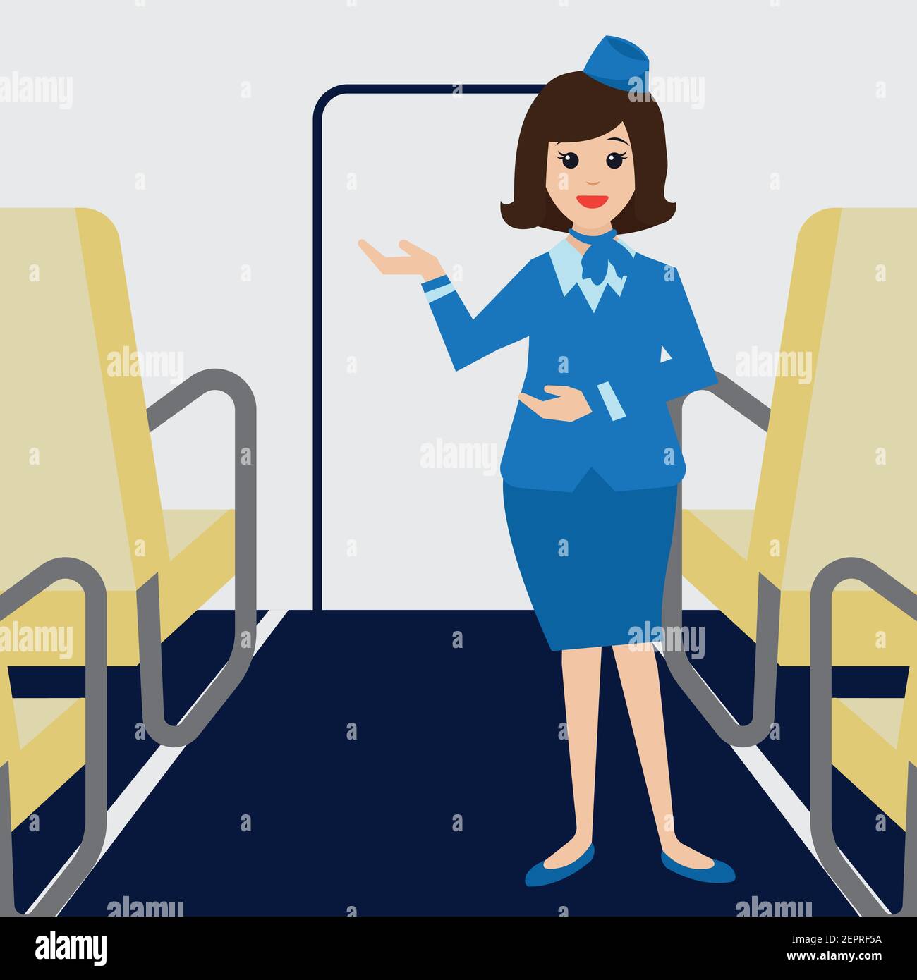 flight attendants on airplane business class cabin. vector illustration ...