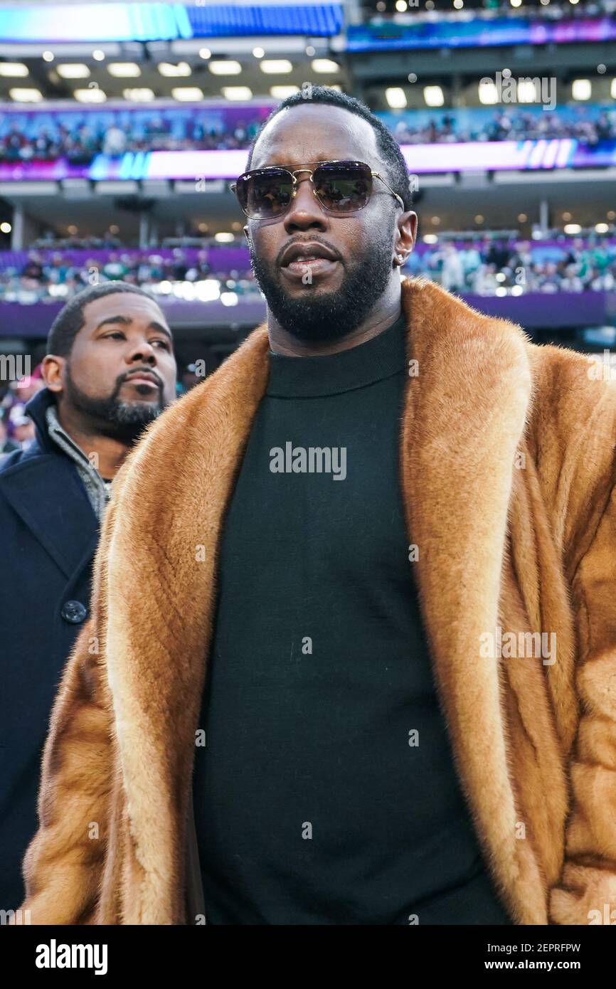 Sean Combs on the field ahead of Super Bowl LII between the New England ...