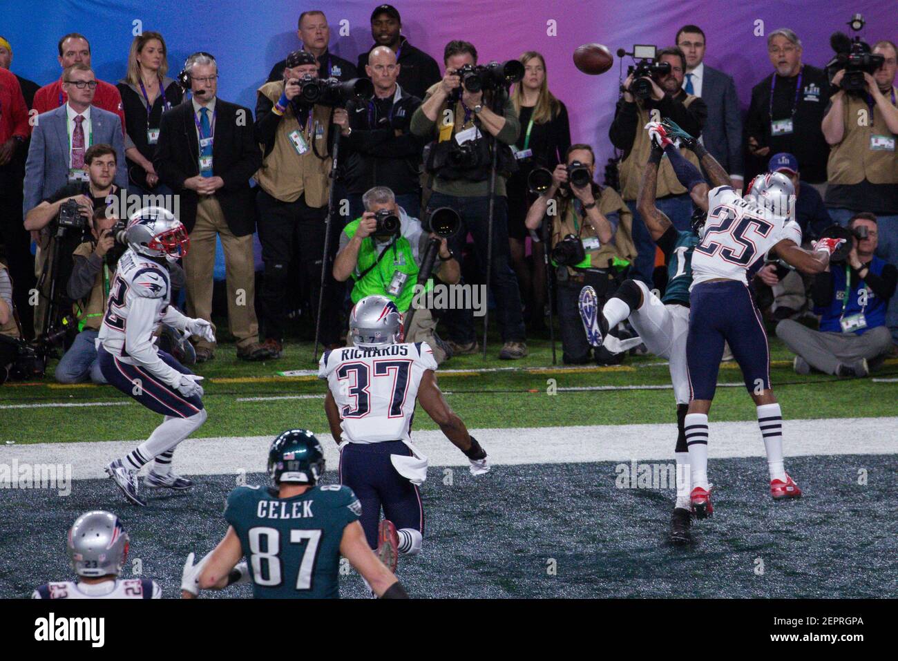England Patriots defensive back Eric Rowe (#25) defends a pass in the ...
