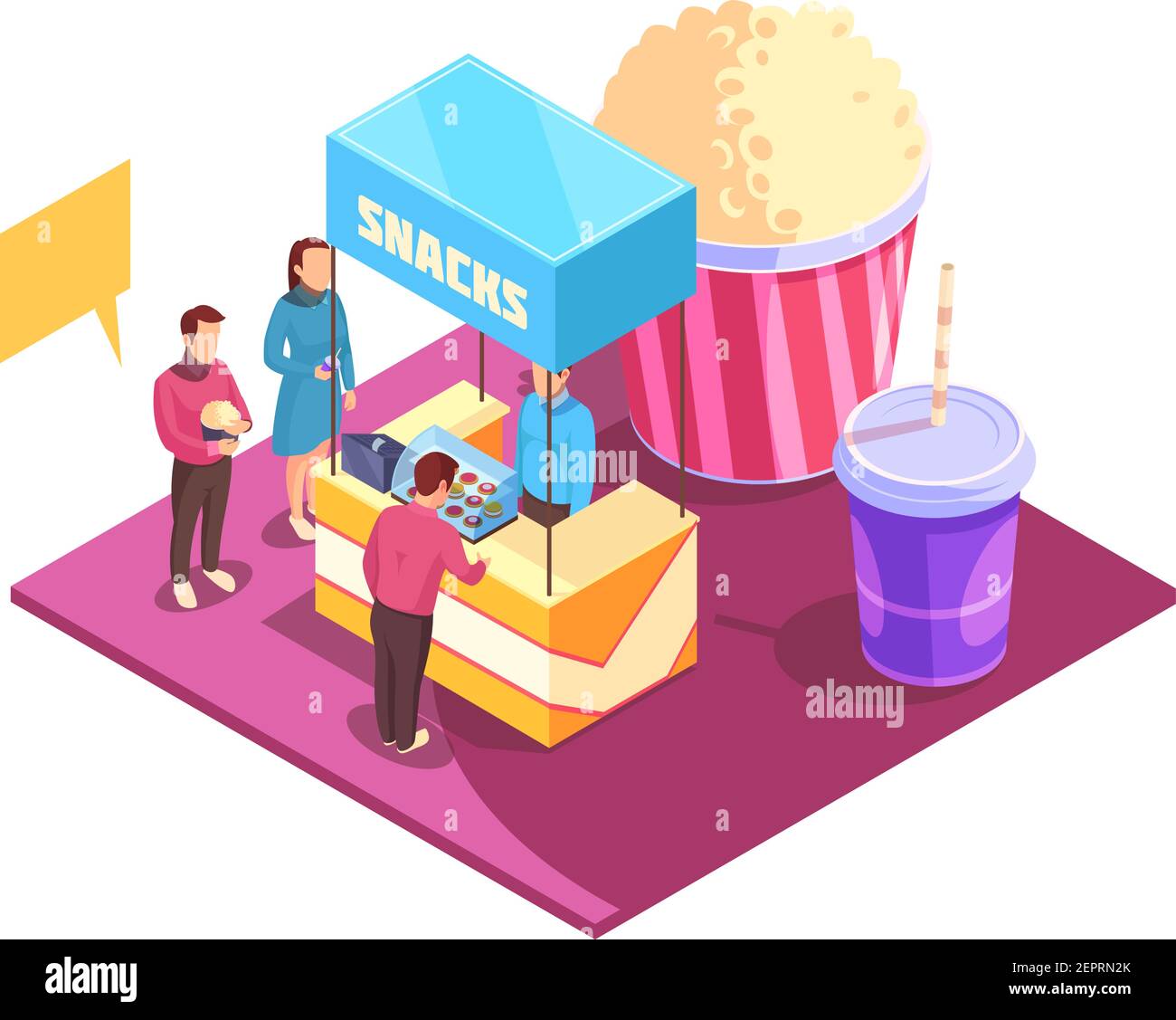 Snacks in cinema theater isometric composition including persons, booth ...