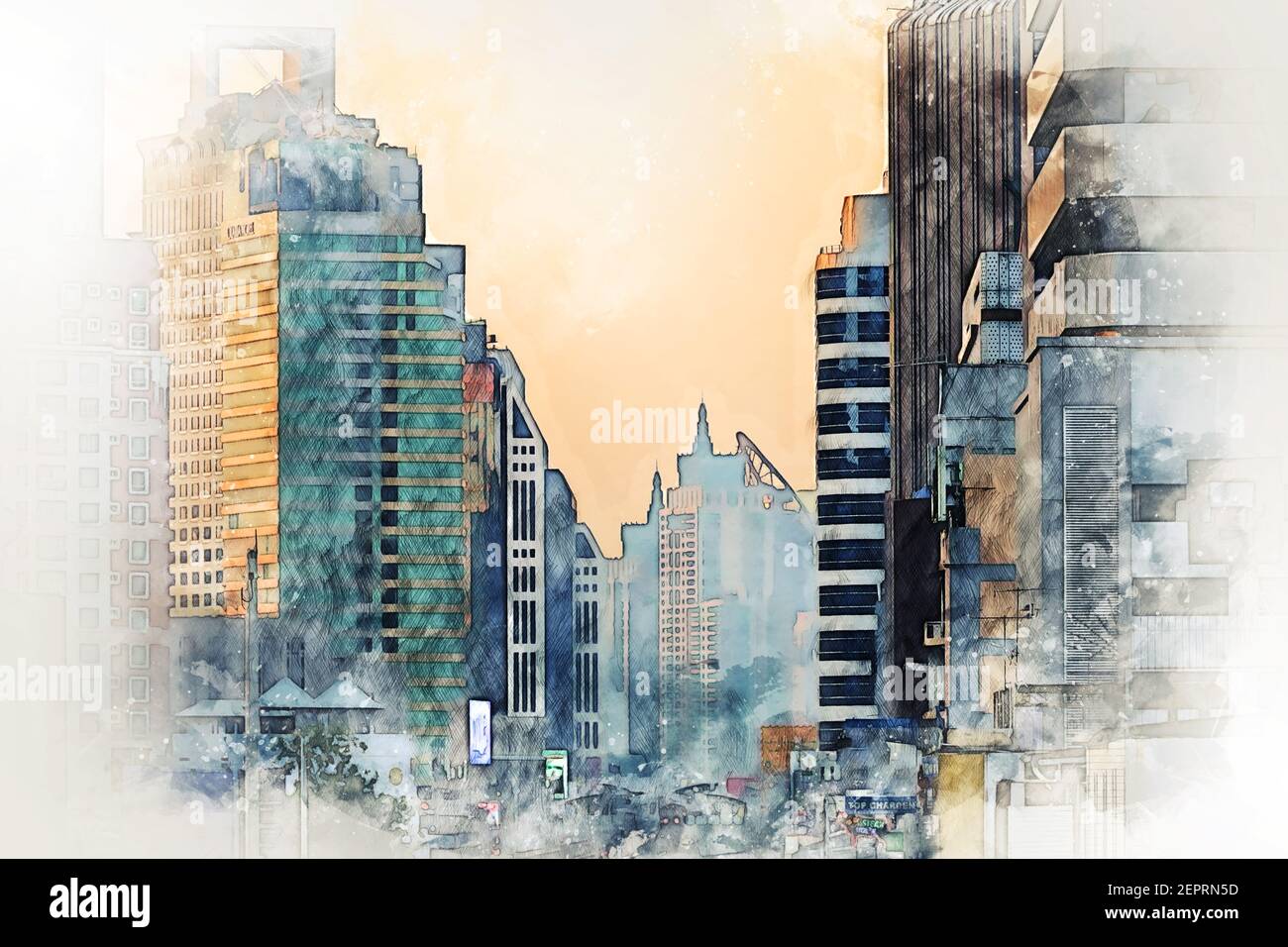 Abstract Building in capital on watercolor painting background. City on ...