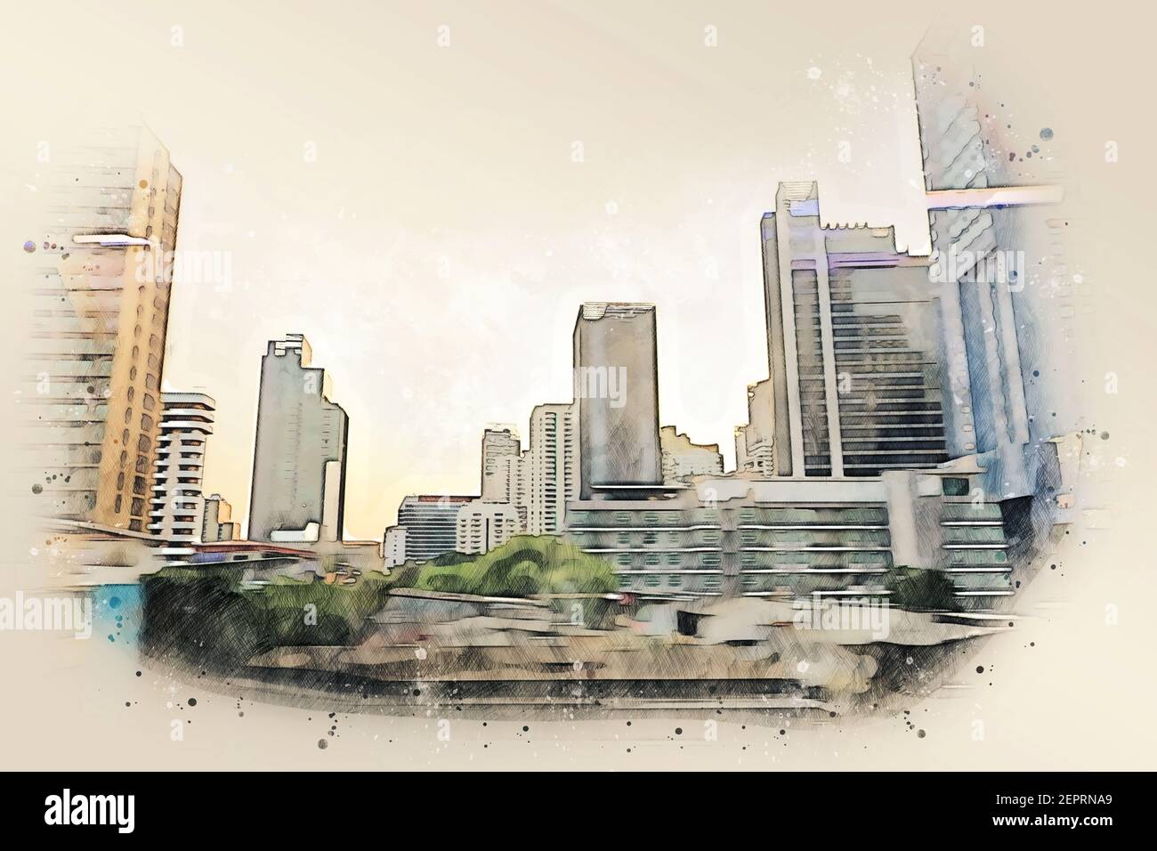 Abstract Building in capital on watercolor painting background. City on ...